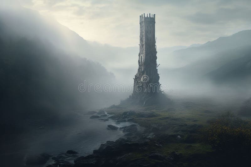 Isolated Tower Reaching into the Misty and Stock Illustration ...
