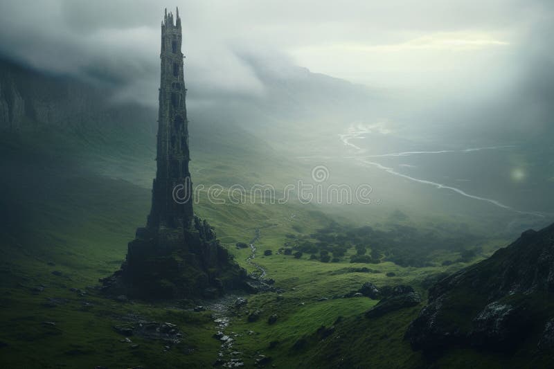 Isolated Tower Reaching into the Misty and Stock Illustration ...