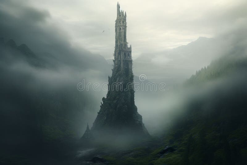 Isolated Tower Reaching into the Misty and Stock Illustration ...