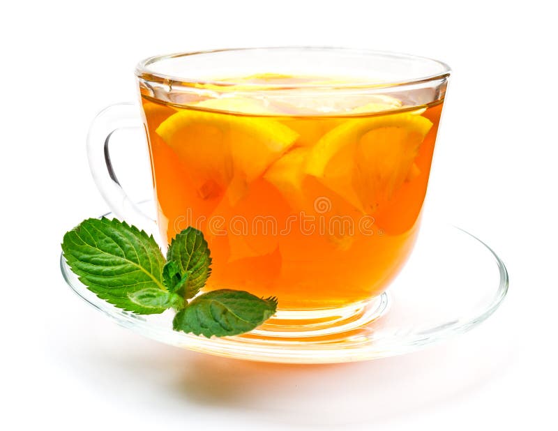 Transparent Cup of Tea and Mint Leaves on White Stock Image - Image of ...