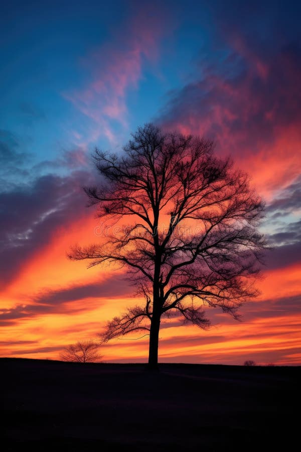 Isolated Tree Silhouette Against a Sunset Sky Stock Image - Image of ...