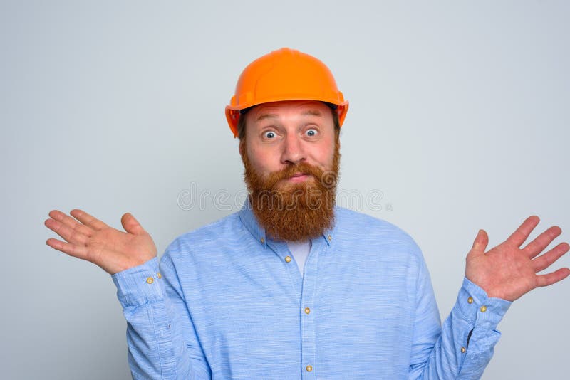 Isolated Unsure Architect with Beard and Orange Helmet Stock Image ...