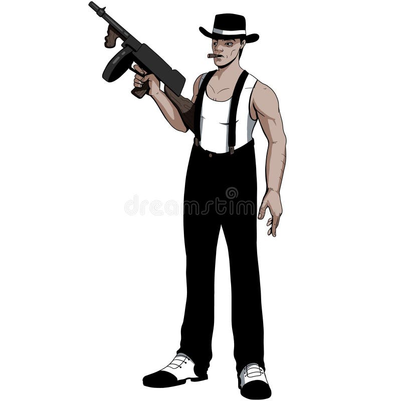 Cartoon Semi Realistic Mobster Character With Tommy Gun Stock Vector Illustration Of Boss