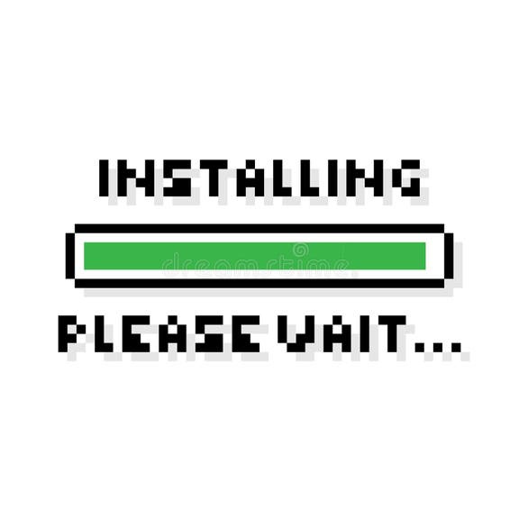 Pixel Art 8-bit Installing Green Loading Bar Saying Please Wait ...
