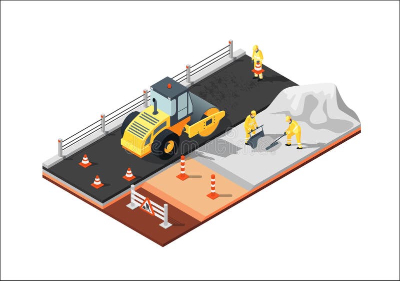 Isolated Vector Isometric Road Construction Scene with Workers, Road ...