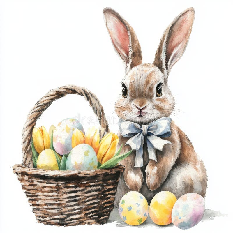 An Isolated Watercolor Hand Drawing of a Cute Easter Bunny, Featuring ...