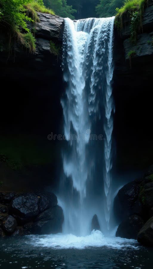 Isolated Waterfall, Cascading Water Against Black Backdrop, Crisp, Drop ...