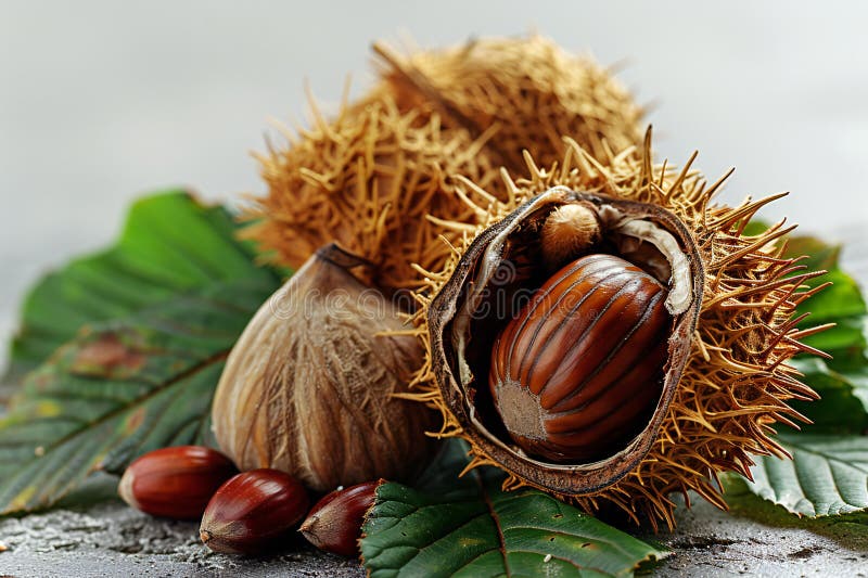 Isolated on White Background, Chestnut Fruit with Green Leaves and ...