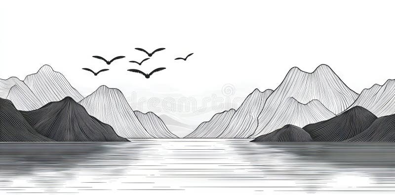 Sunset Over Sea Continuous Line Drawings Isolated White Background ...