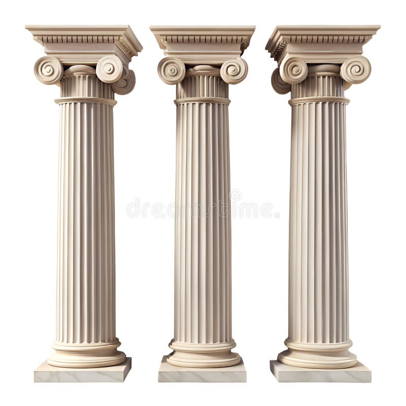 Three Classical Ionic Columns Architectural Elements Isolated on a Pure ...