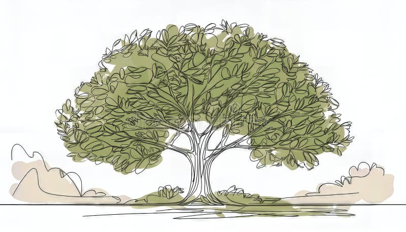Isolated White Line Art Illustration of a Broadleaf Tree in Vector ...
