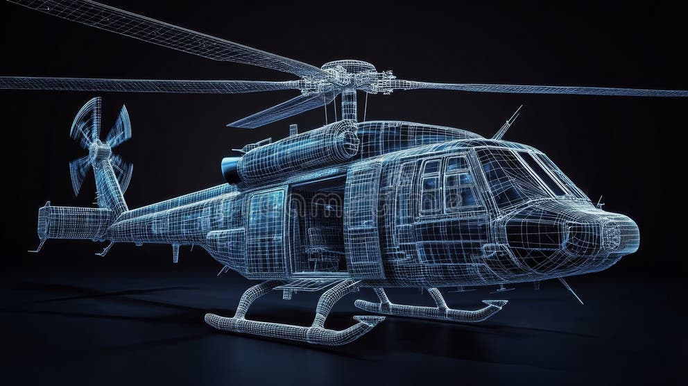 Isolated Wireframe Model of an Army Helicopter on a Black Background ...