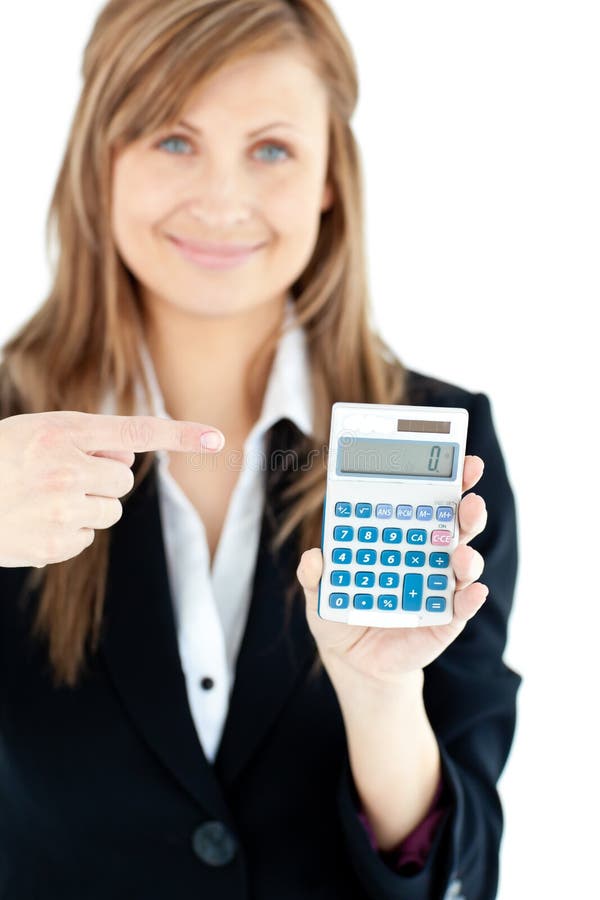 Isolated Woman Showing at a Calculator Stock Image - Image of money ...