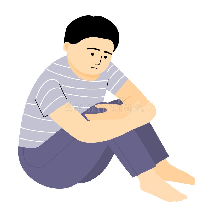 Isolated of a Worry Boy Sitting on the Floor with Hands on Knee. Flat ...