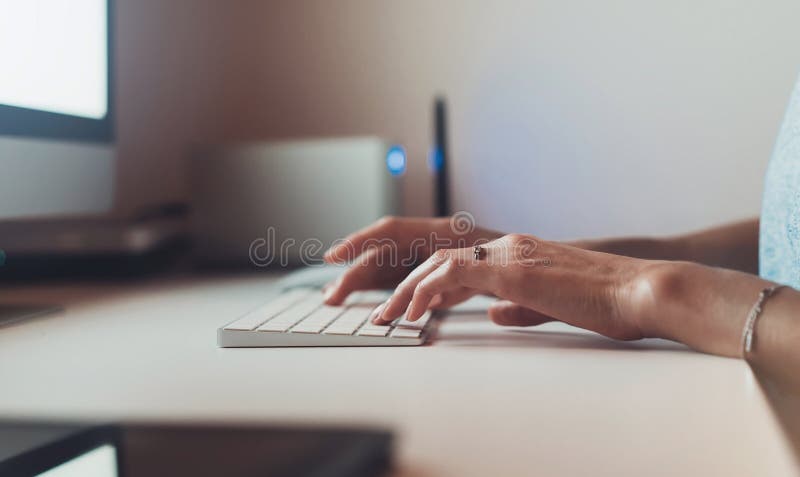 Isolation Girl Working at Home Computer, Freelancer Typing on Keyboard ...