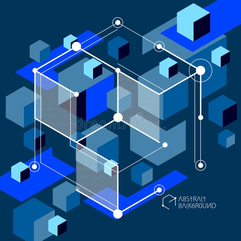 Isometric Abstract Dark Blue Background with Linear Dimensional Cube ...