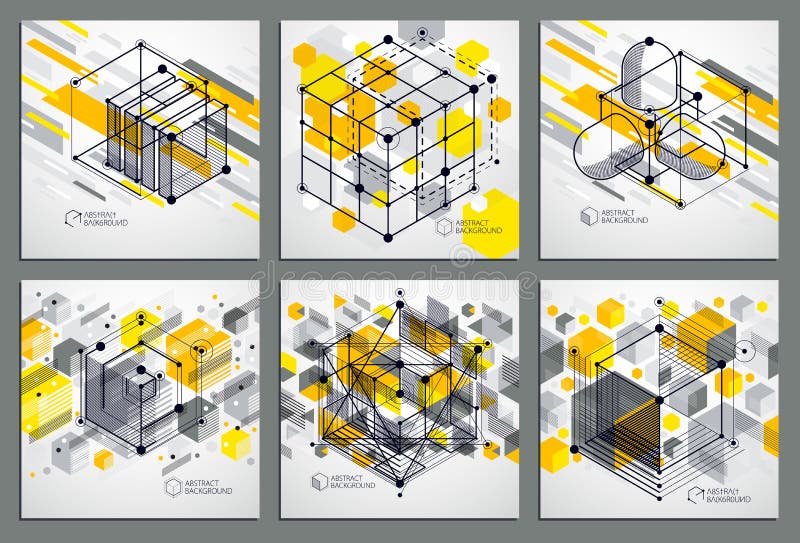 Isometric Abstract Yellow Backgrounds Set with Linear Dimensional Cube ...