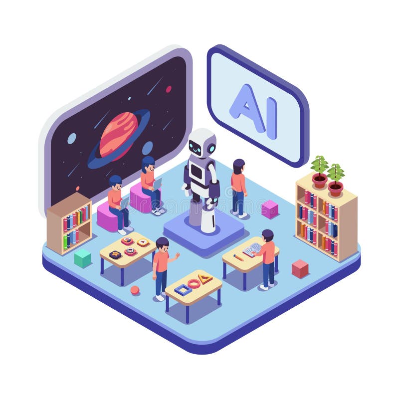 Isometric AI Learning Environment with Robot and Students Stock Vector - Illustration of ...