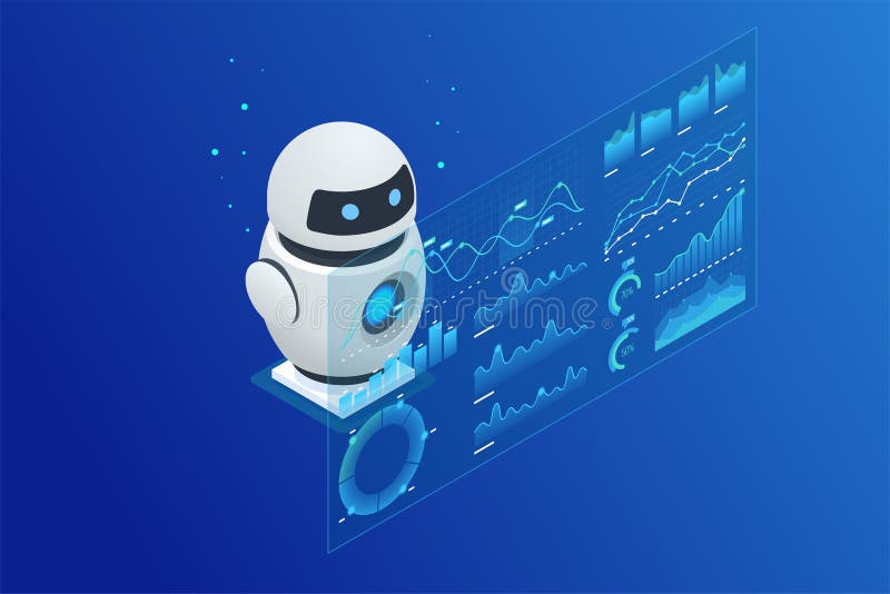 Isometric AI Robot Interacting with Digital Analytics Interface, Displaying KPIs and Data ...