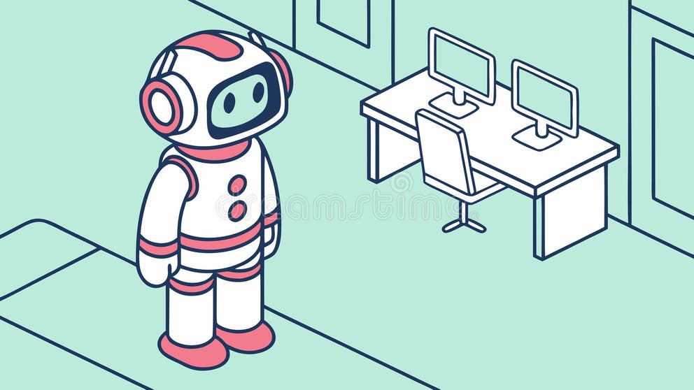 Isometric AI Robot in Office, Future Workplace, Automation, and ...
