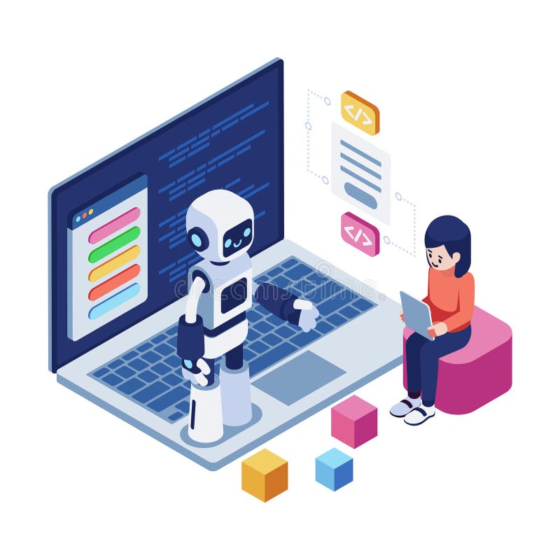 Isometric AI Robot Teaching Child Learn Coding Stock Vector ...