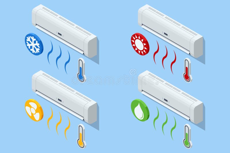 Isometric Air Conditioner Modes Set: Cooling, Heating, Ventilation, and Dehumidification ...