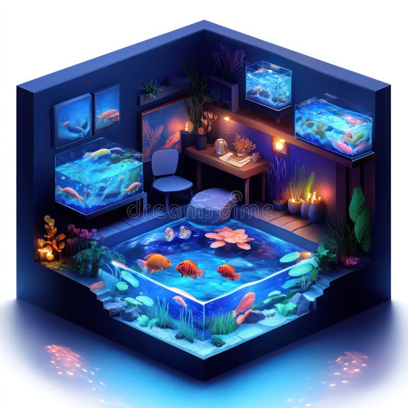 Isometric Aquarium Room with Tanks, Glowing Fish, and Water Reflections ...