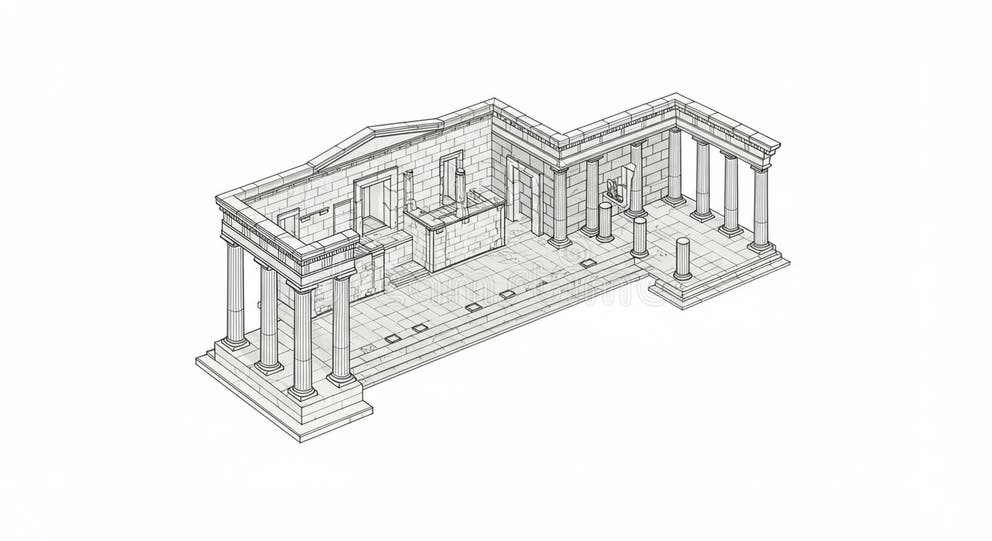 Isometric Architectural Drawing of a Classical Structure with Three ...