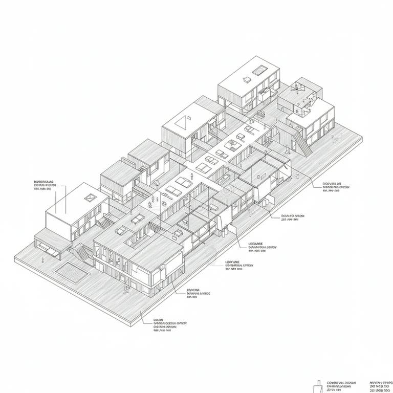 Isometric Architectural Drawing Depicting a Complex Arrangement of ...