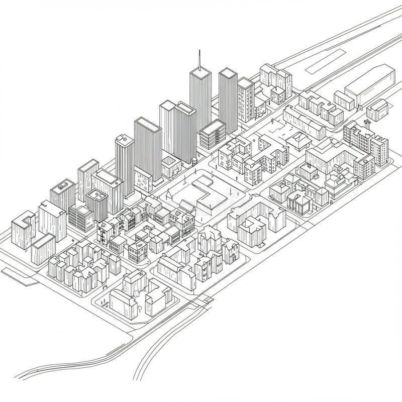 Isometric Architectural Drawing Depicting an Urban Layout with Numerous ...
