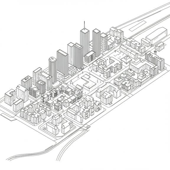 Isometric Architectural Drawing Depicting an Urban Layout with Numerous ...