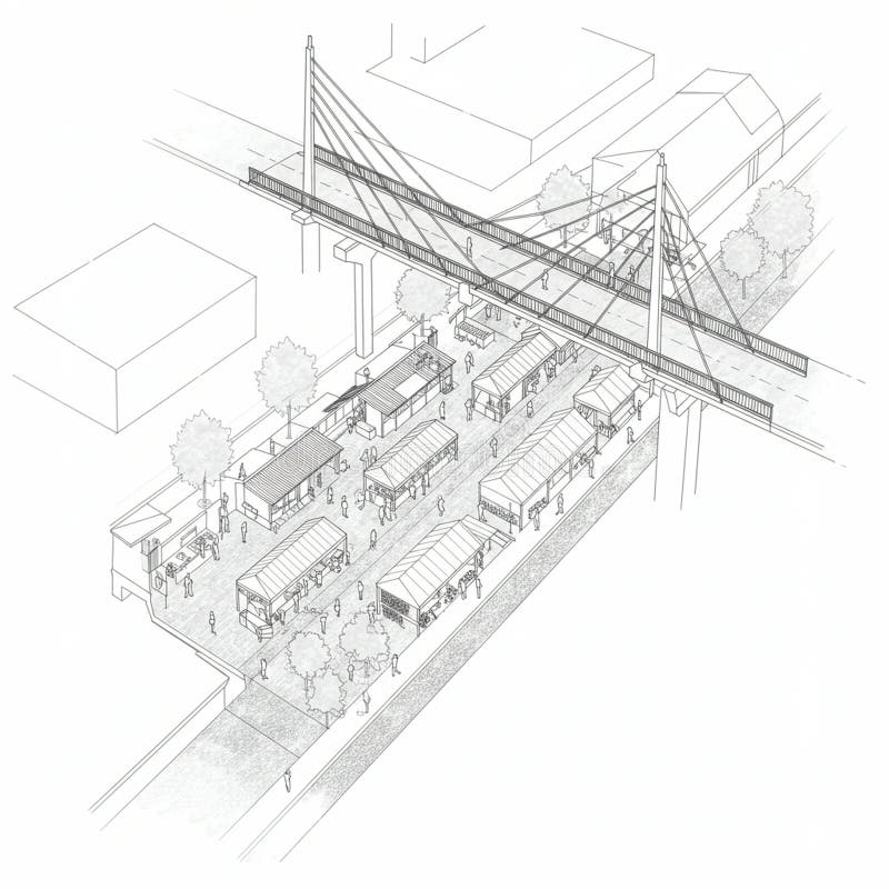 An Isometric Architectural Drawing of an Elevated Pedestrian Bridge ...