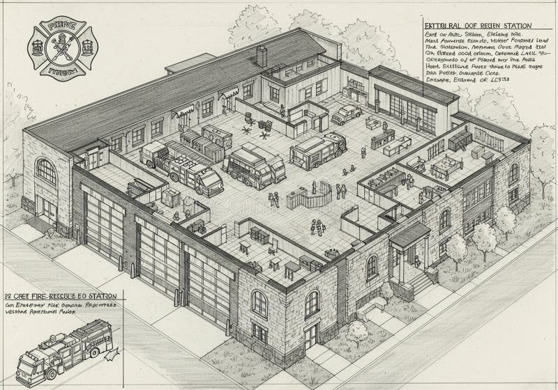 Isometric Architectural Drawing of a Fire Station Labeled "28 Cree Fire ...