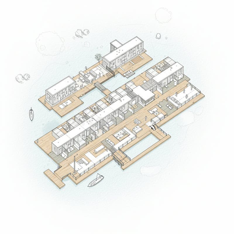 Isometric Architectural Drawing of a Floating House Complex on Water ...