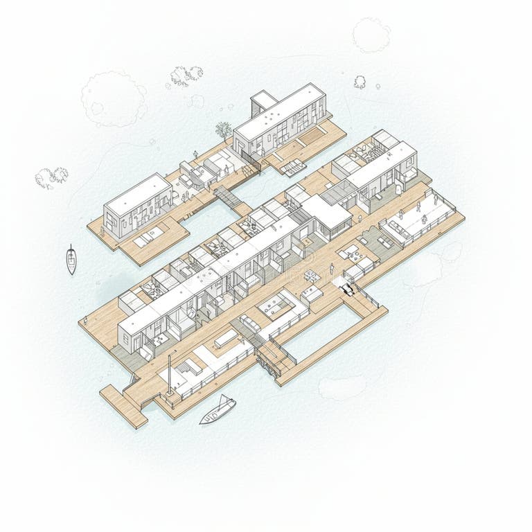 Isometric Architectural Drawing of a Floating House Complex on Water ...