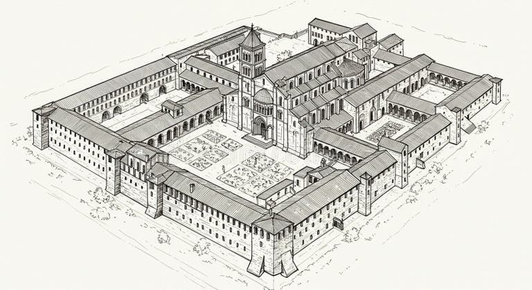 Isometric Architectural Drawing of a Medieval Monastery Complex ...