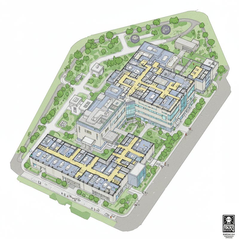 Isometric Architectural Drawing of a Modern Facility with Multiple ...