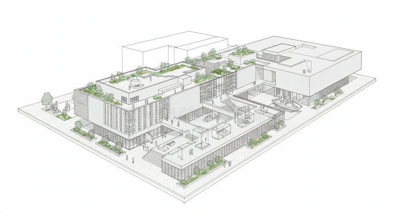 Isometric Architectural Drawing of a Modern, Multi-level Building with ...