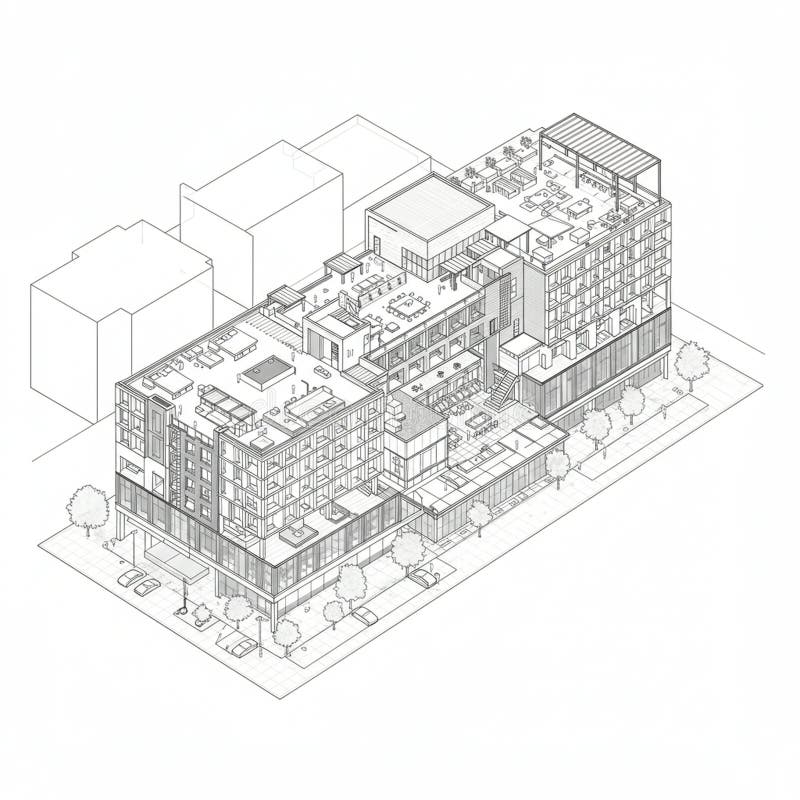 Isometric Architectural Drawing of a Multi-level Building Featuring ...