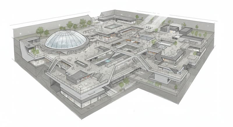 Isometric Architectural Drawing of a Multi-level Complex Featuring a ...