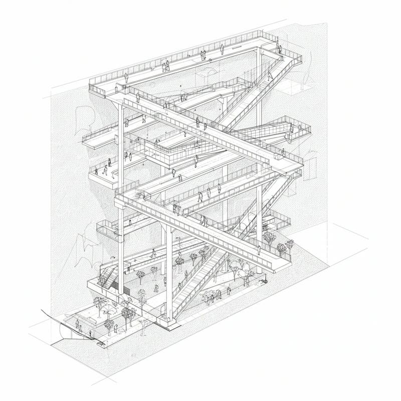 Isometric Architectural Drawing of a Multi-level Structure with ...