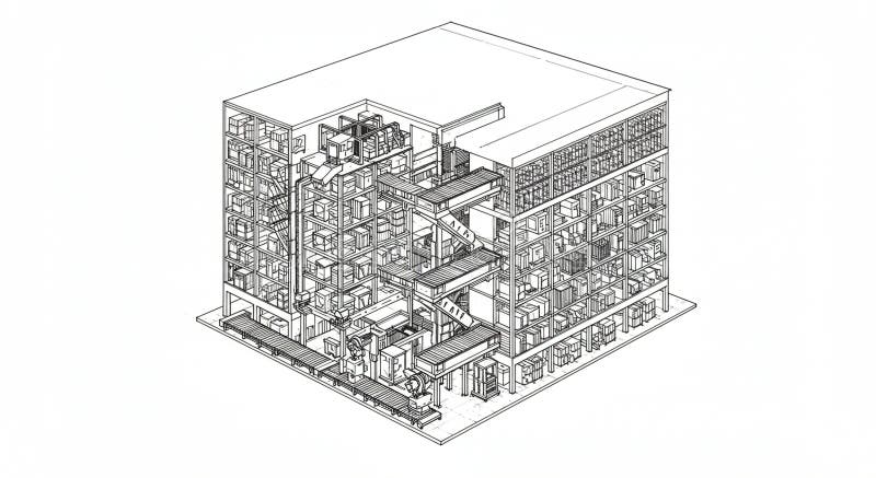 Isometric Architectural Drawing of a Multi-story Building with a ...
