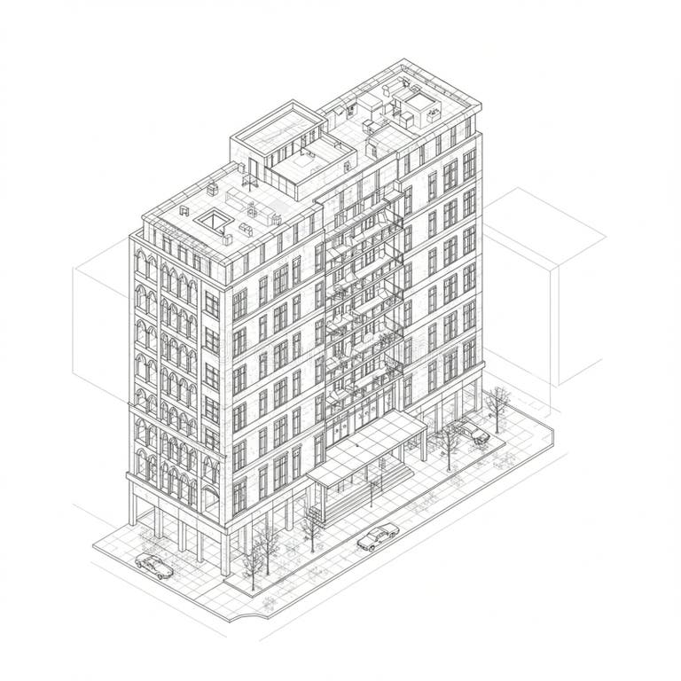 Isometric Architectural Drawing of a Multi-story Building Featuring a ...