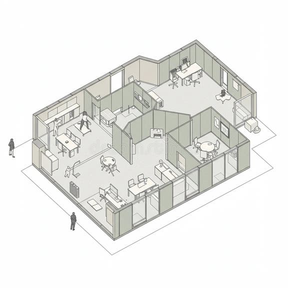 Isometric Architectural Drawing of an Office Layout Featuring Several ...