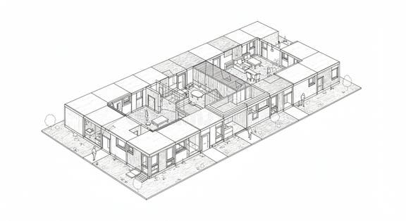 Isometric Architectural Drawing of a Rectangular, One-story Structure ...
