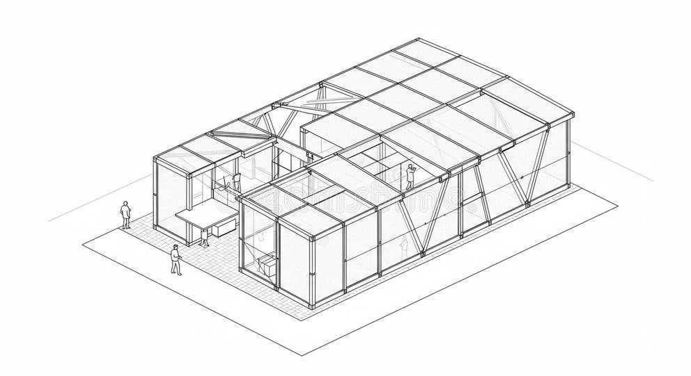 Isometric Architectural Drawing of a Rectangular, Single-story ...