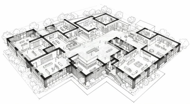 Isometric Architectural Drawing of a Single-story Building with a ...