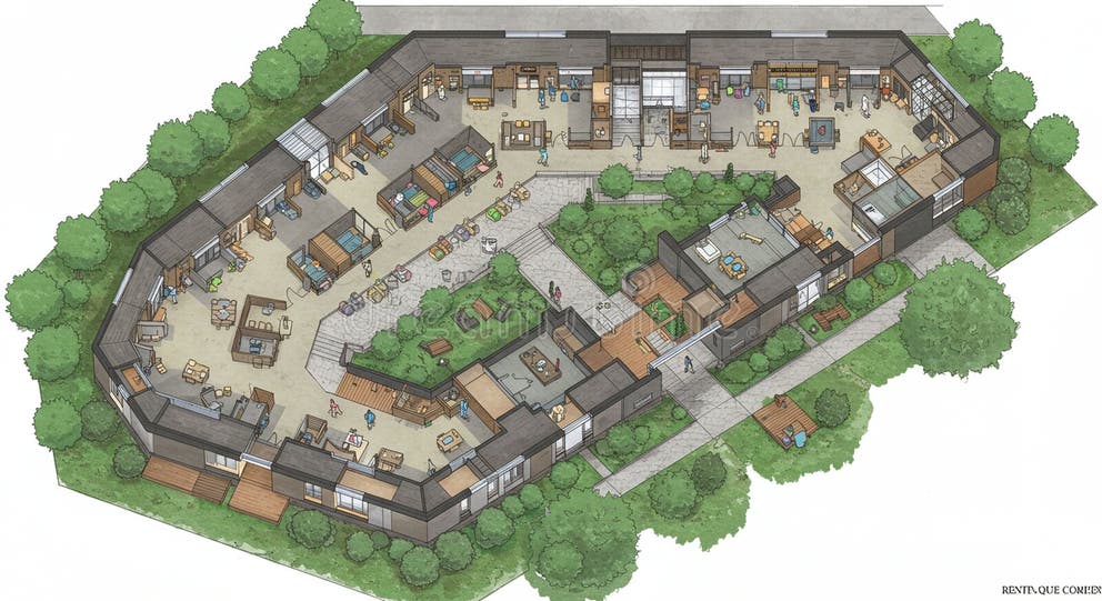 Isometric Architectural Drawing of a Unique, Curved Building Surrounded ...