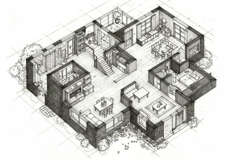 Isometric Architectural Floor Plan Depicting a Two-story House Layout. Features Include Stock ...