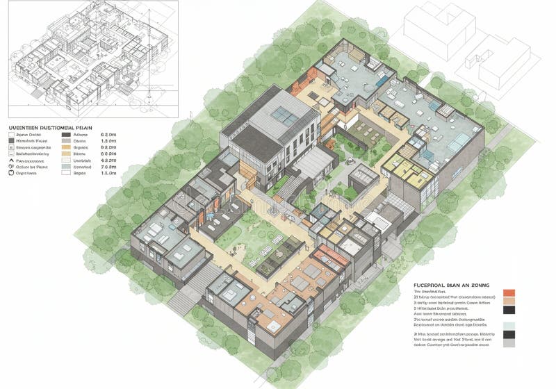 Isometric Architectural Illustration of a Building Complex with Various ...